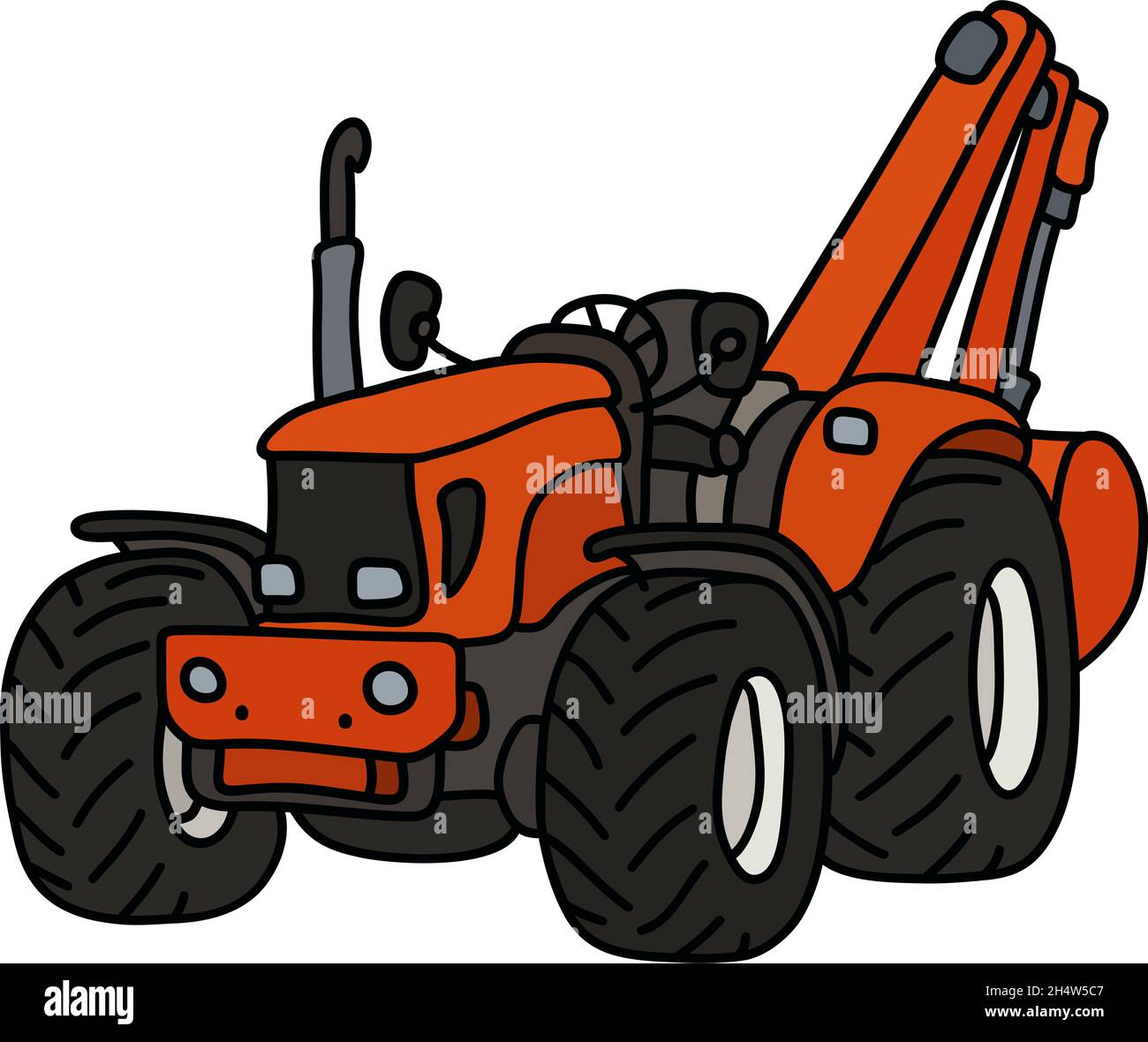 The hand drawing of an orange tractor with the excavator Stock Vector ...