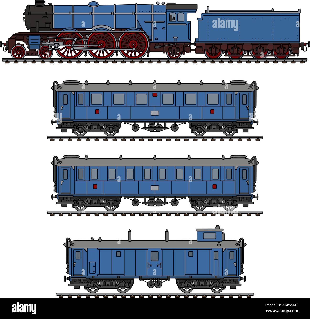 The hand drawing of a vintage blue passenger steam train Stock Vector ...
