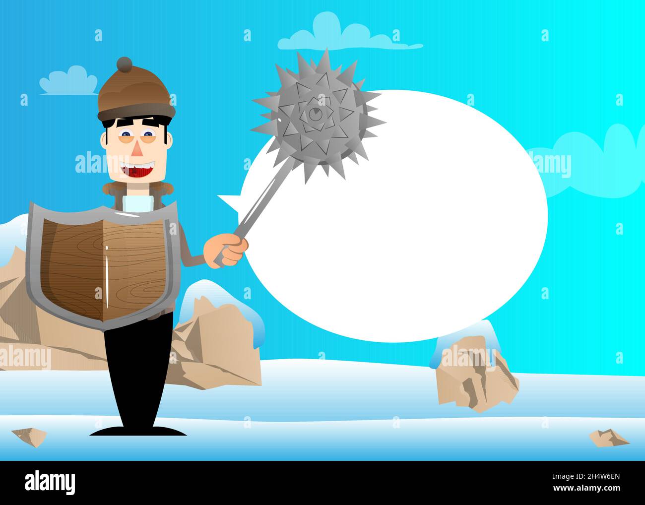 Funny cartoon man dressed for winter holding a spiked mace and shield ...