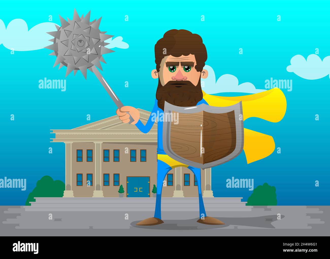 Funny cartoon man dressed as a superhero holding a spiked mace and ...