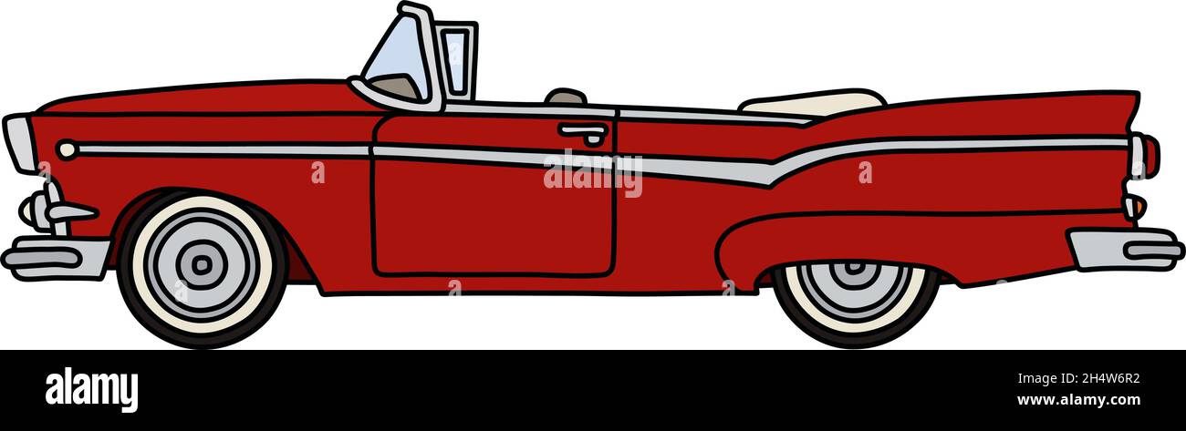 The vectorized hand drawing of a funny old red american convertible ...