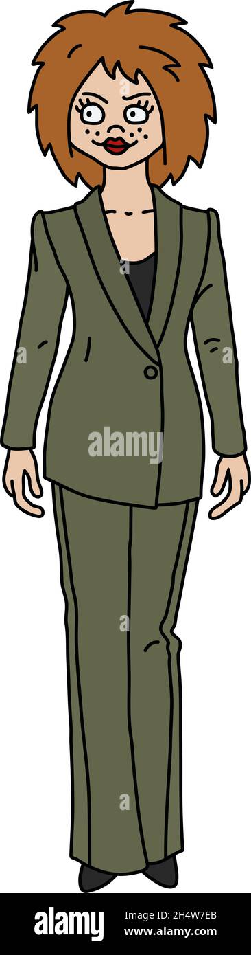 The vectorized hand drawing of a funny redhead woman in a green ...
