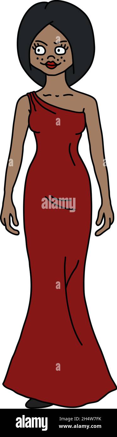 The vectorized hand drawing of a funny exotic woman in a red dress ...
