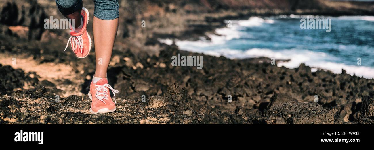 Runner running shoes woman exercise on trail path jogging outside by ...