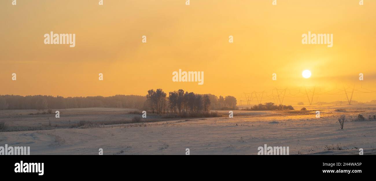 snowy frosty landscape in a very cold climate zone with frost covered ...