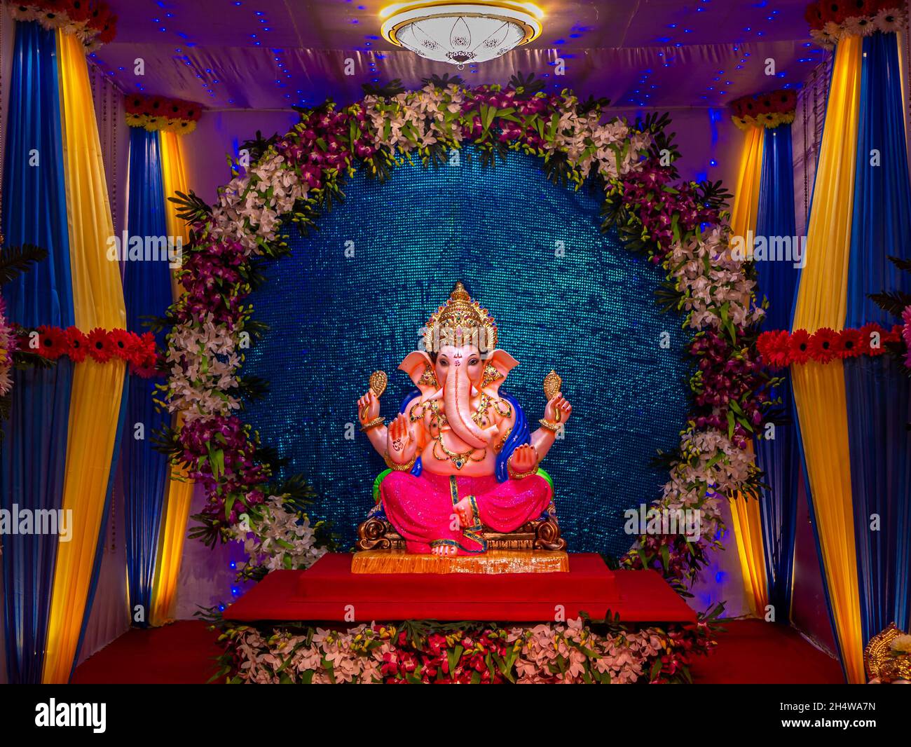 Statue of Lord Ganesha decorated beautifully during Ganesh festival ...