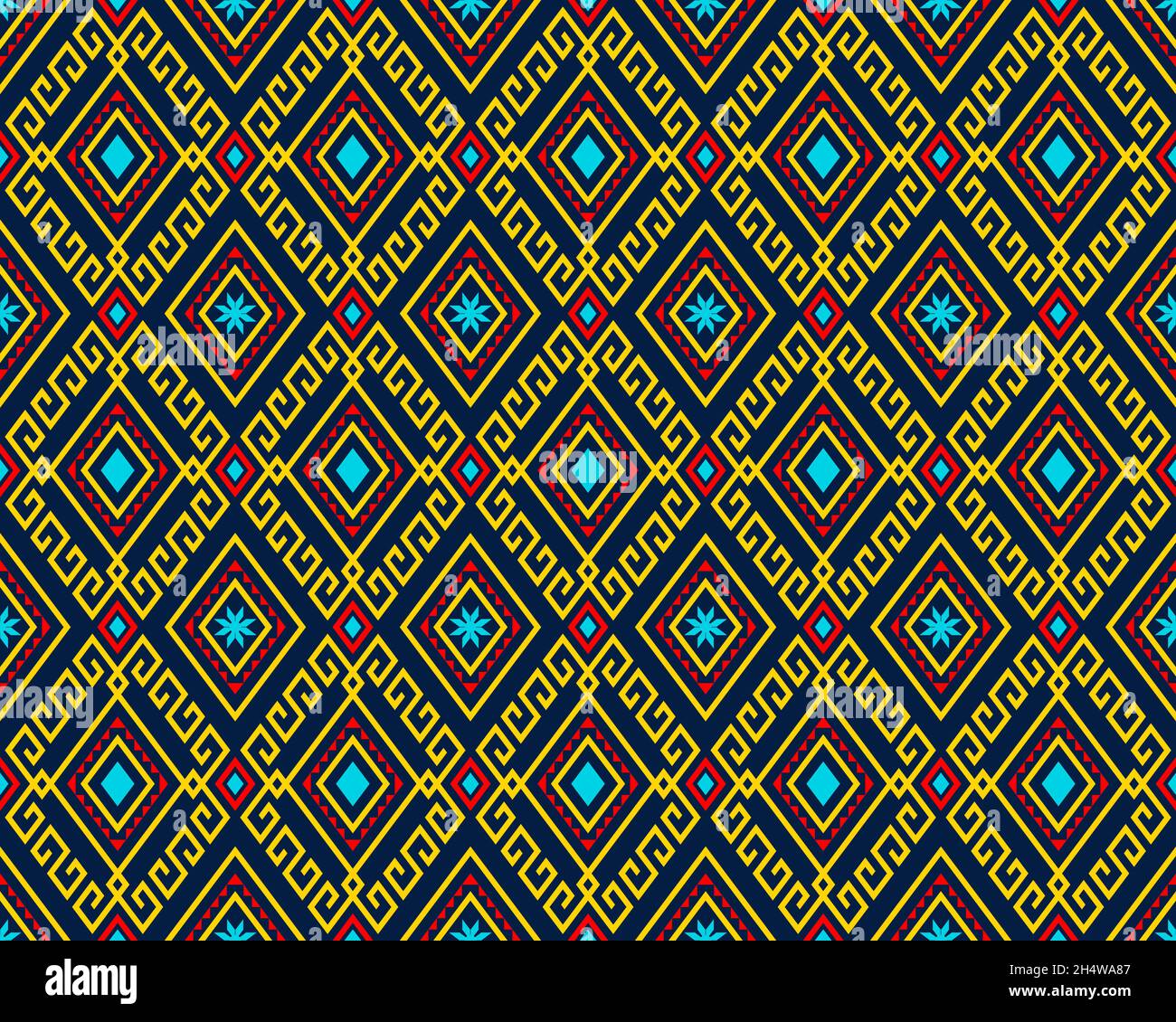 Yellow Red Tribe or Ethnic Seamless Pattern on Blue Background in ...