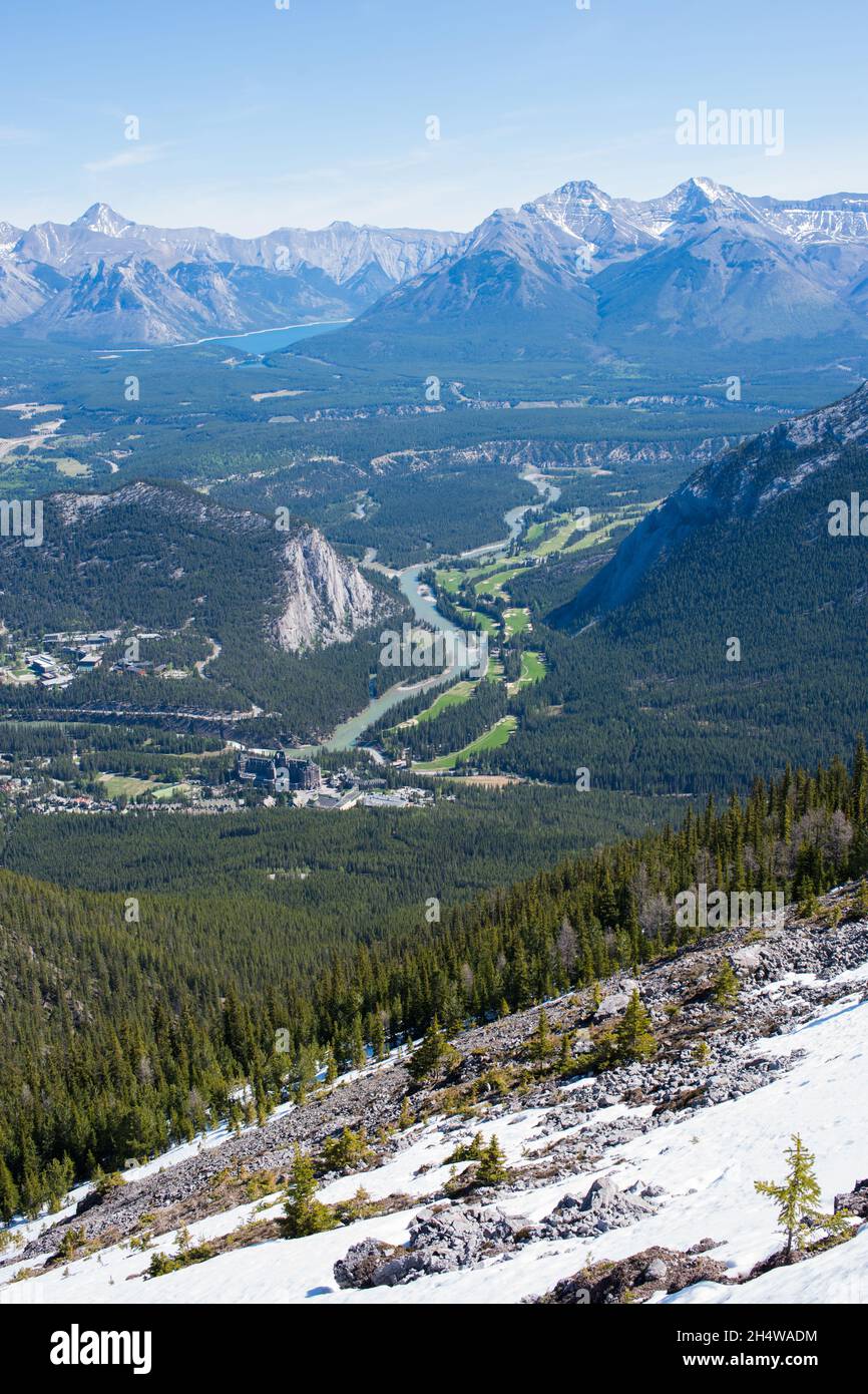 Beautiful landscape with Rocky Mountains, river and forest on a sunny ...