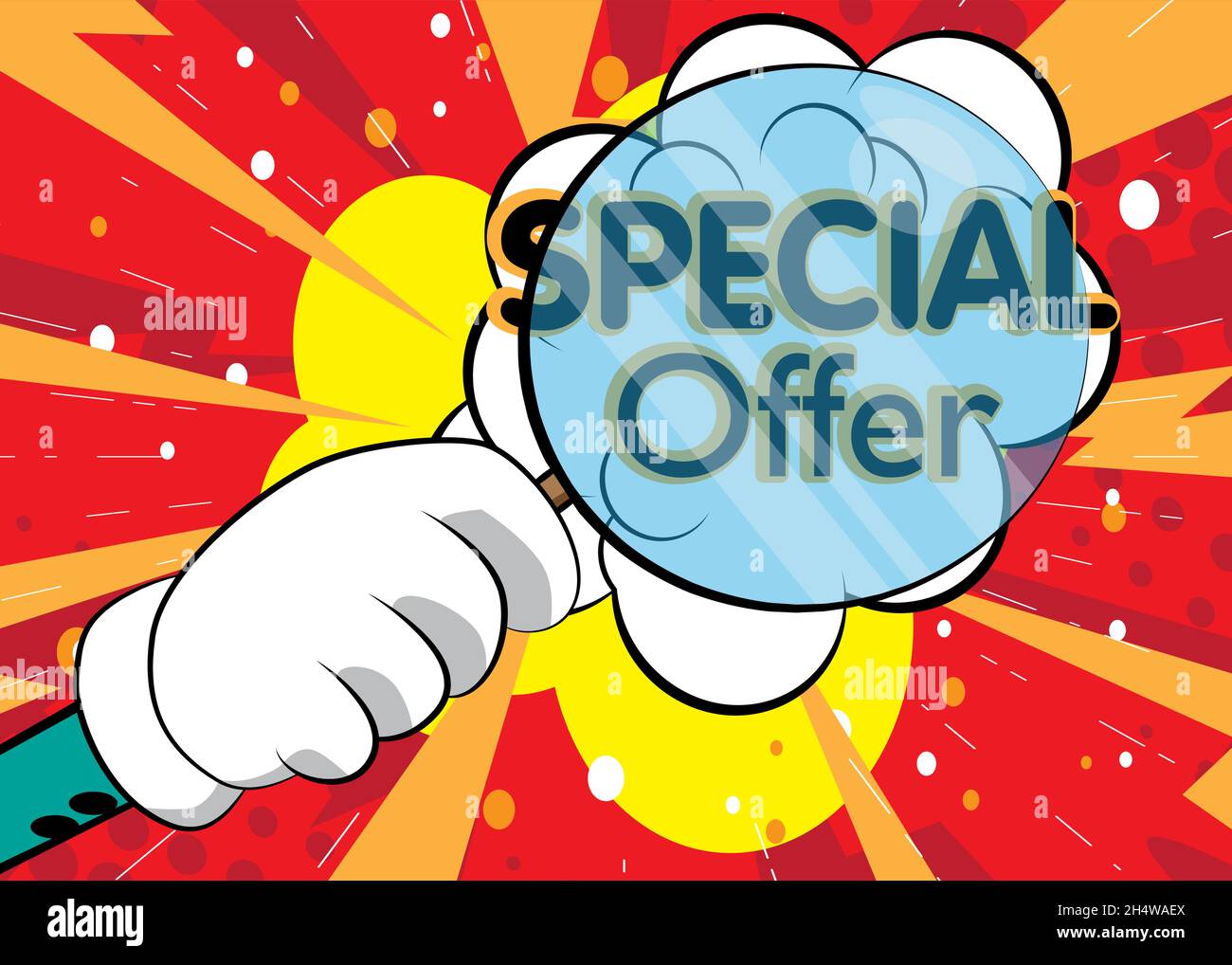 Special offer text under magnifying glass illustration on comic book ...