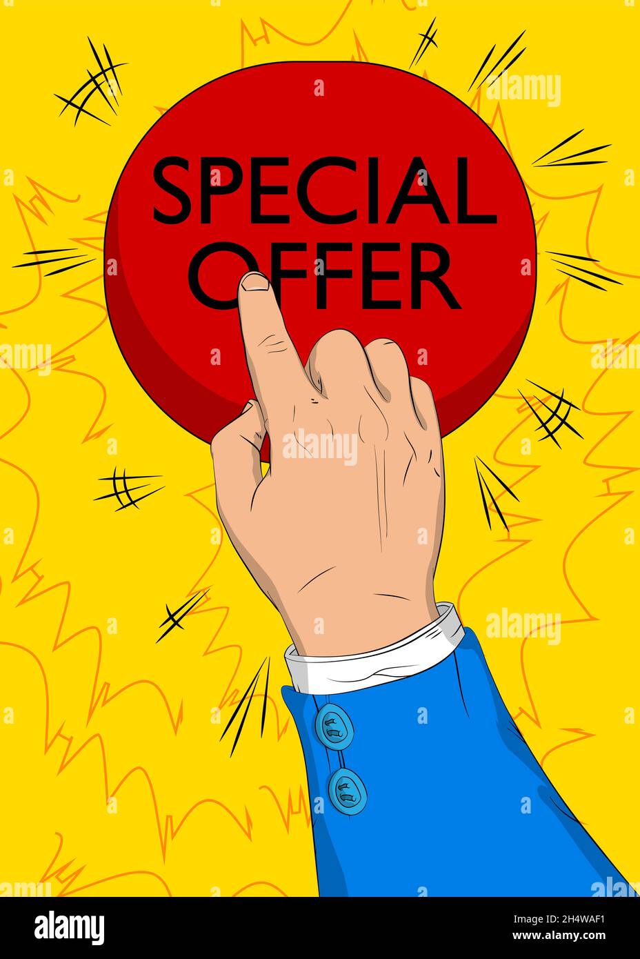 Businessman pushing Special offer button with his index finger. Comic ...