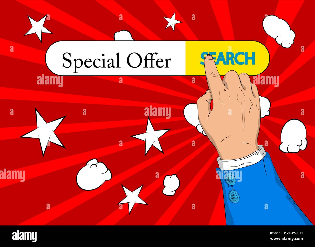 Virtual search bar with the text Special offer. Businessman pushing his ...