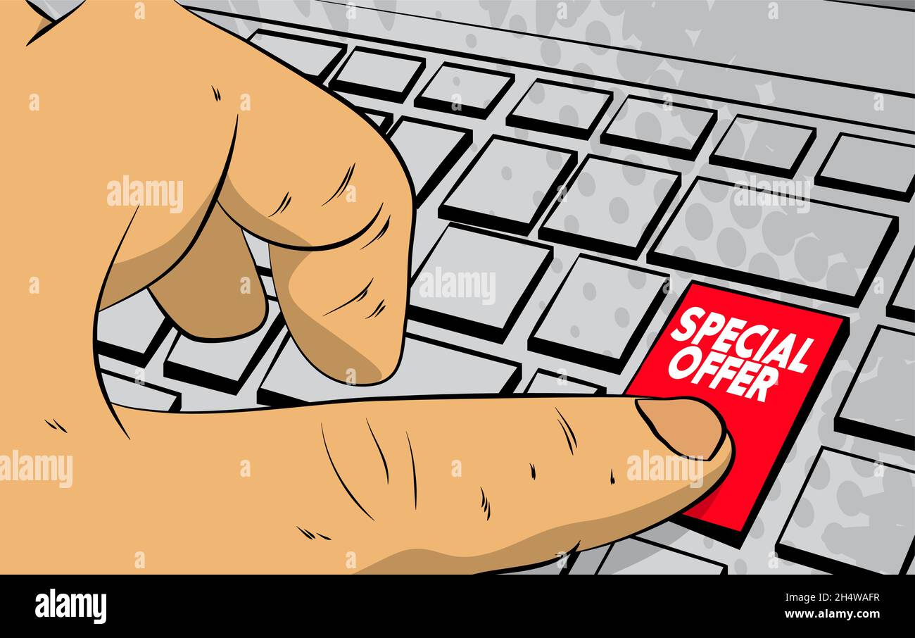 Special offer word on computer keyboard. Man push keypad on laptop ...