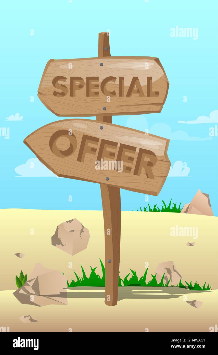 Special offer text on Wooden sign. Cartoon vector illustration. Sale ...