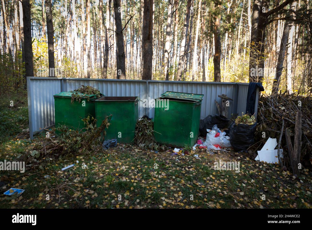 Greenery metal containers for collecting garbage in the forest. Waste ...