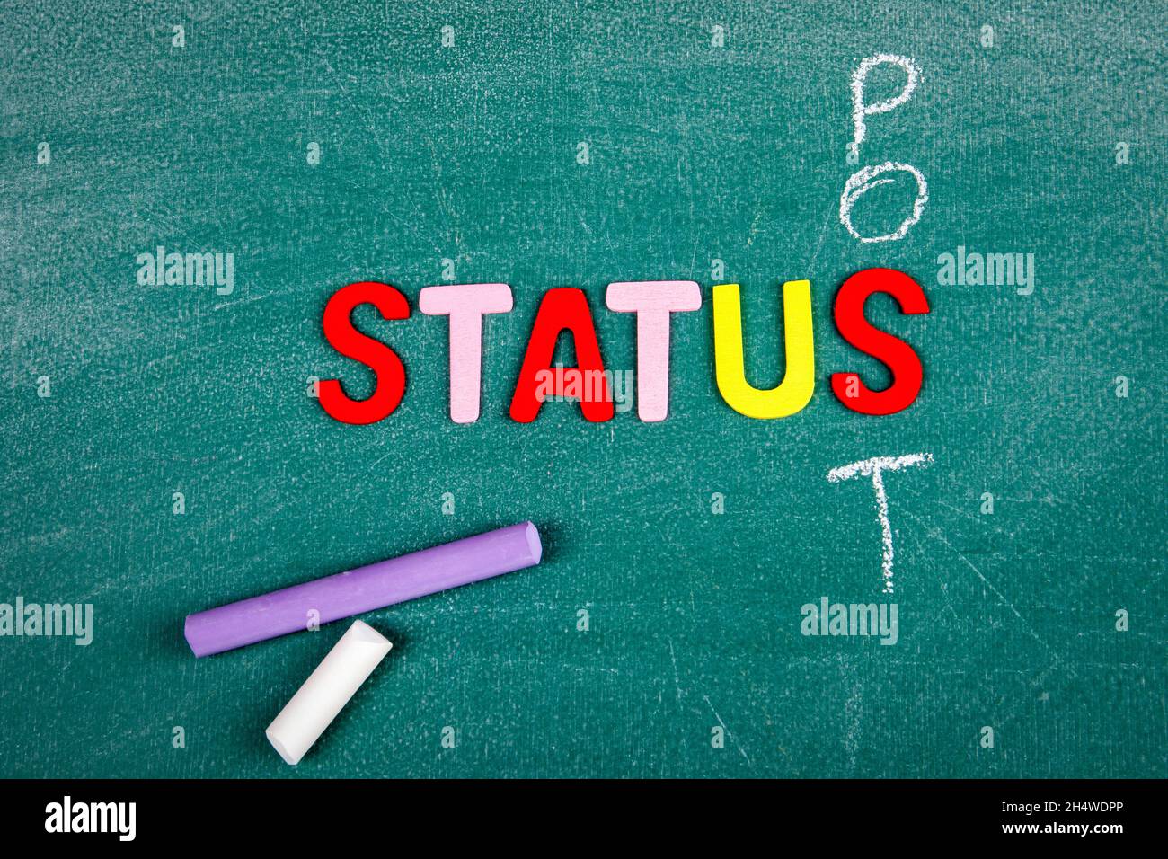 Post and Status concept. Colored letters on a green chalk board Stock ...