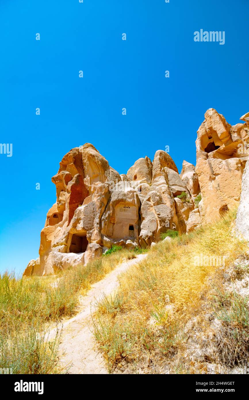 Fairy Chimneys around the Goreme town in Cappadocia Turkey. Peri ...
