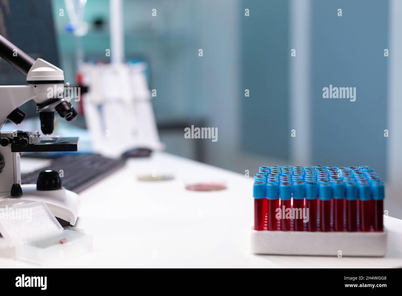 Close up of laboratory desk with professional research equipment. Tray ...
