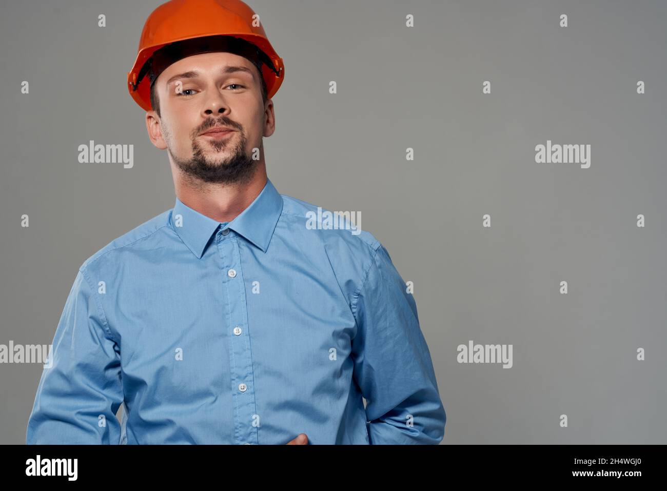 man in construction uniform blueprints builder light background Stock ...