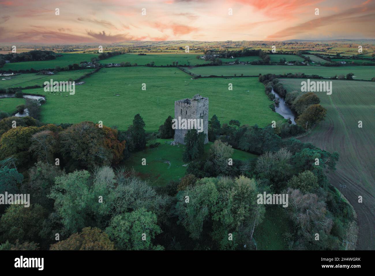 Aerial view of Conna Castle at sunset in county Cork, Ireland Stock ...