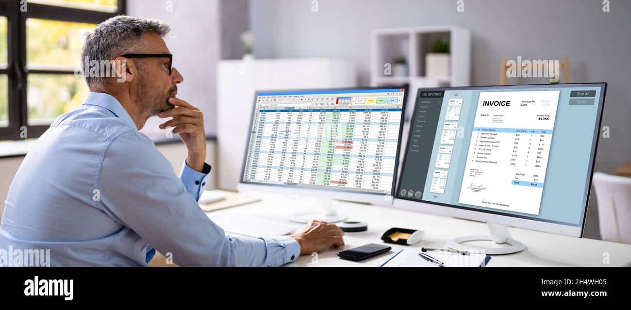 Business Invoice Tax Management. Accountant Using Monitor Stock Photo ...