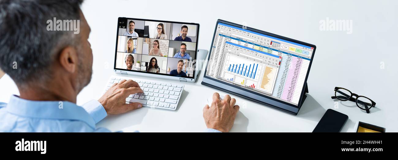 Video Conference Webinar Business Call On Multiple Monitor Screens ...