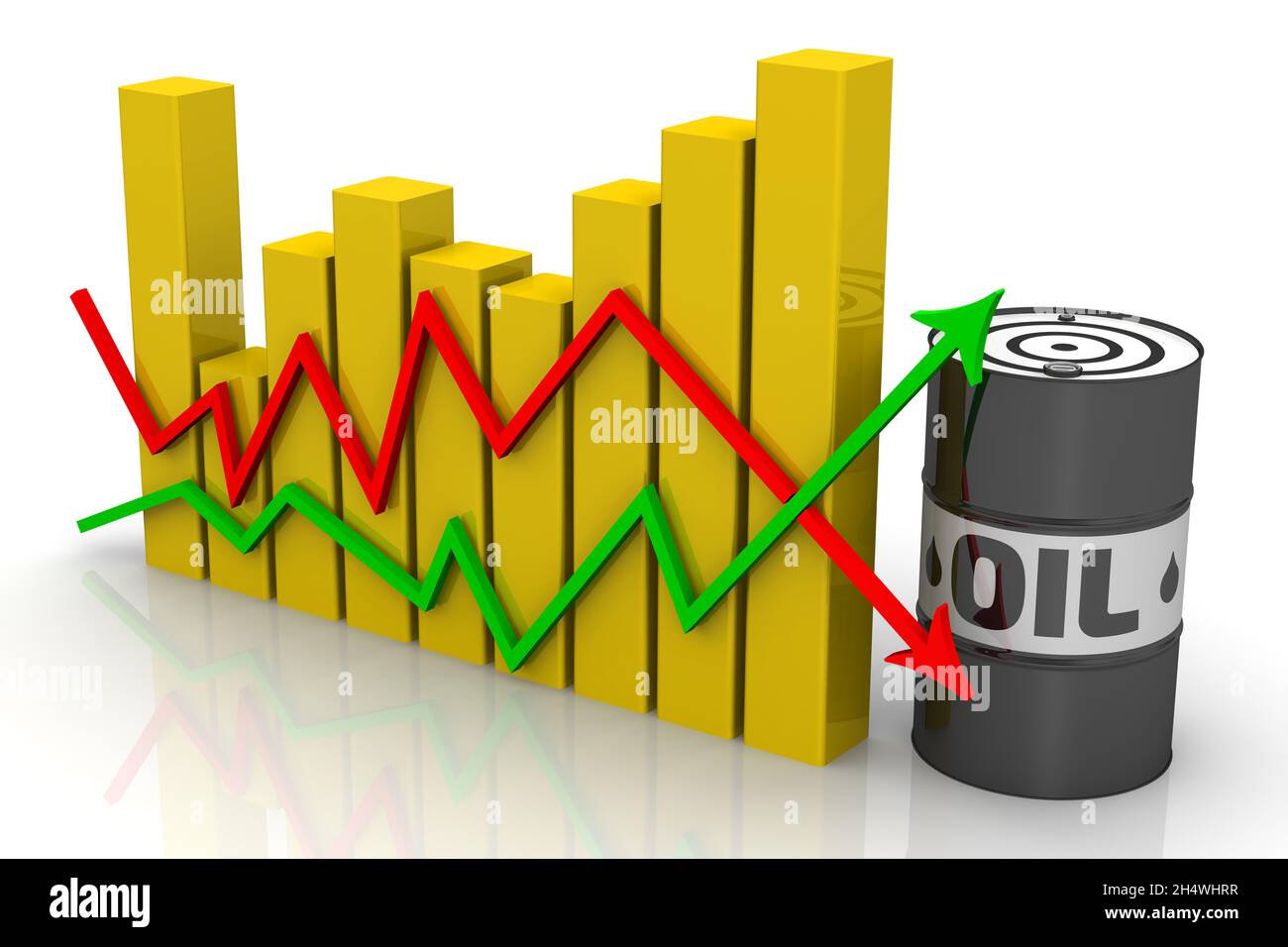 Oil data change graph. One black oil barrel and charts of change data ...
