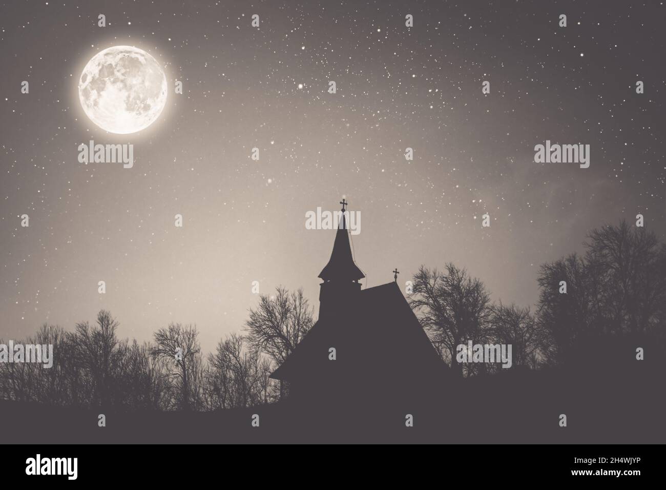 Church and spooky cloudy sky with fog and full moon. Horror Halloween ...