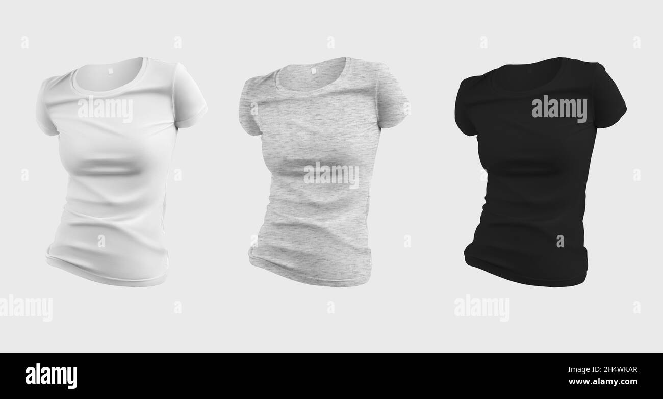 White, heather, black t-shirt template, 3D rendering, for design ...