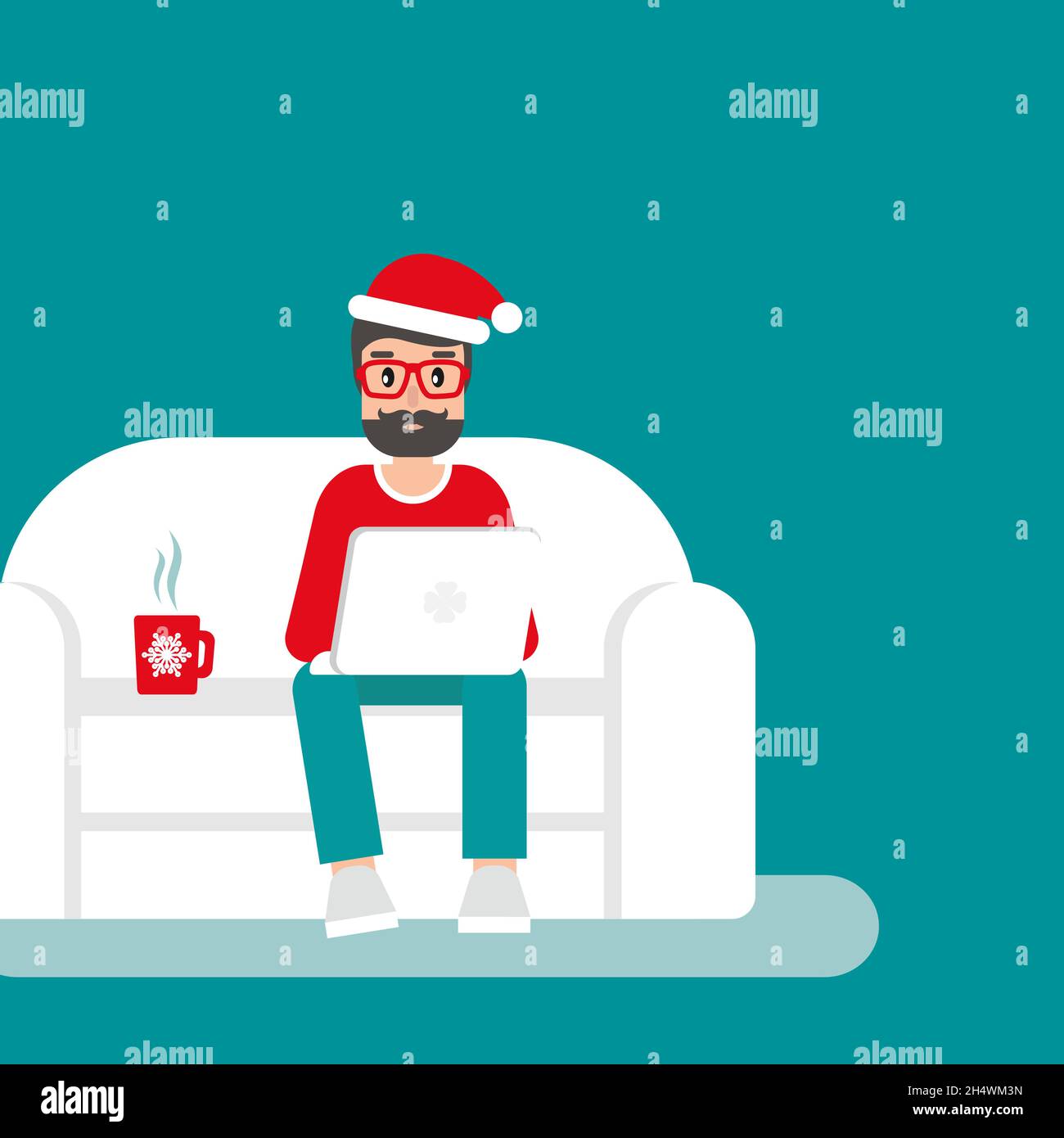 happy freelancer man with santa hat on sofa with laptop. creative ...