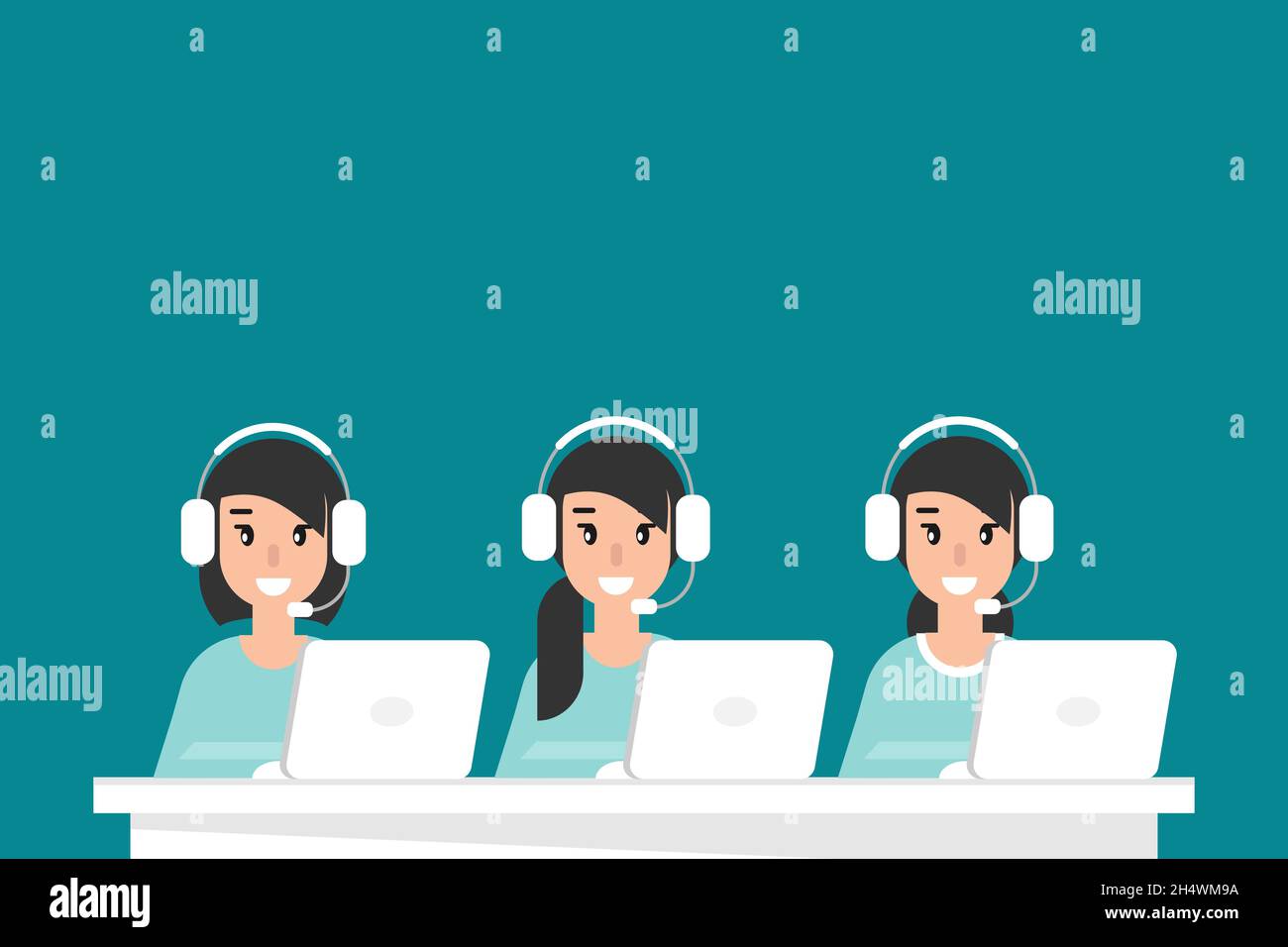 Call center backdrop. 3 operators at table with computers, headphones ...