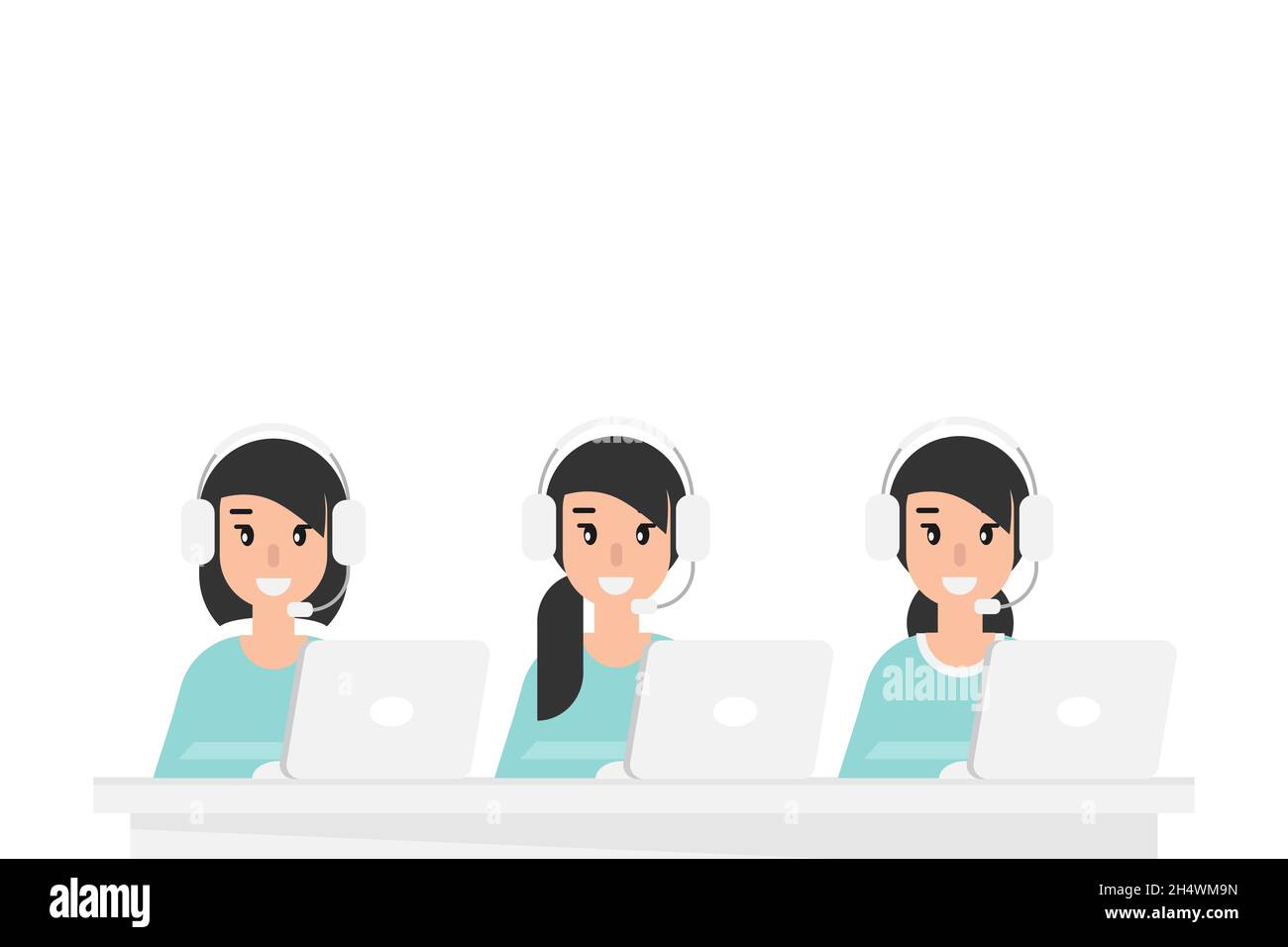 Call center backdrop. 3 operators at table with computers, headphones ...