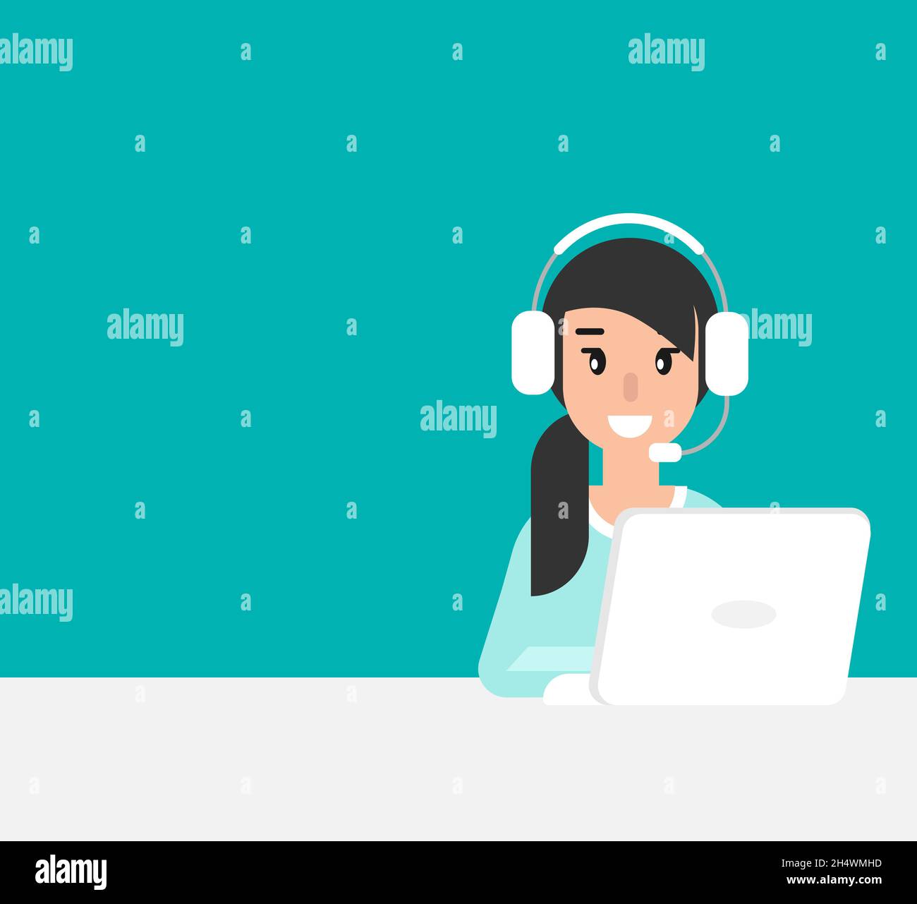 Female operator with headphones, microphone on blue background. flat ...