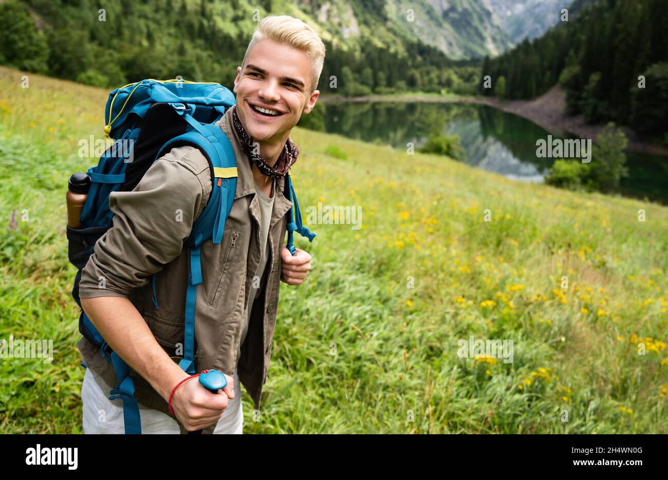 Active healthy man hiking in beautiful nature. Outdoor activity, sport ...