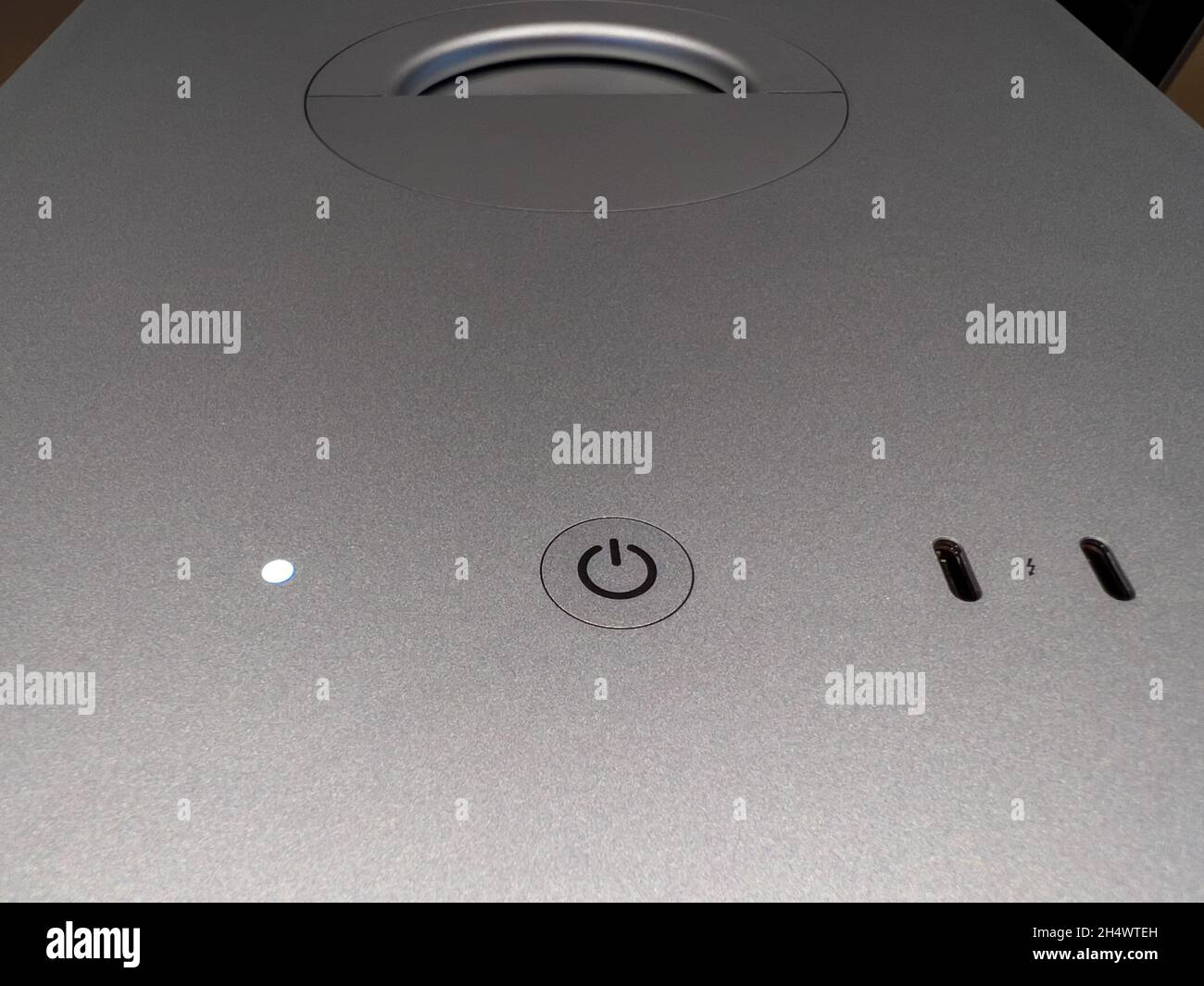 Power button on the new Mac Pro workstation by Apple Computers with two ...