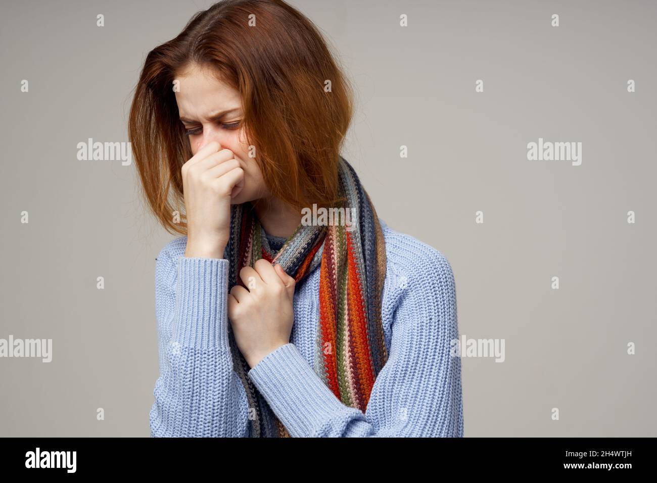 sick woman health problems temperature isolated background Stock Photo ...