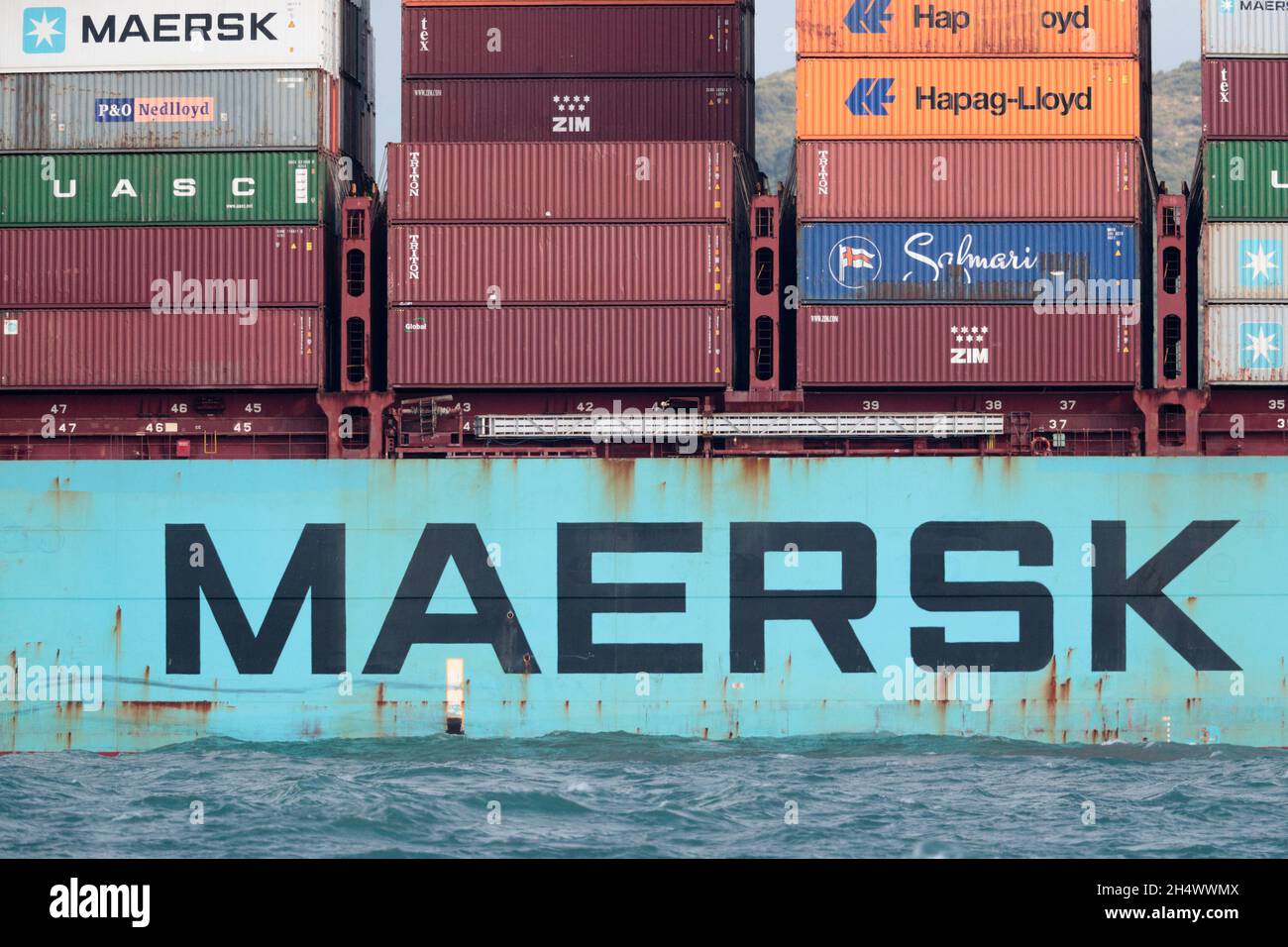 Maersk Container Ship, close-up, view with hull and containers on deck ...