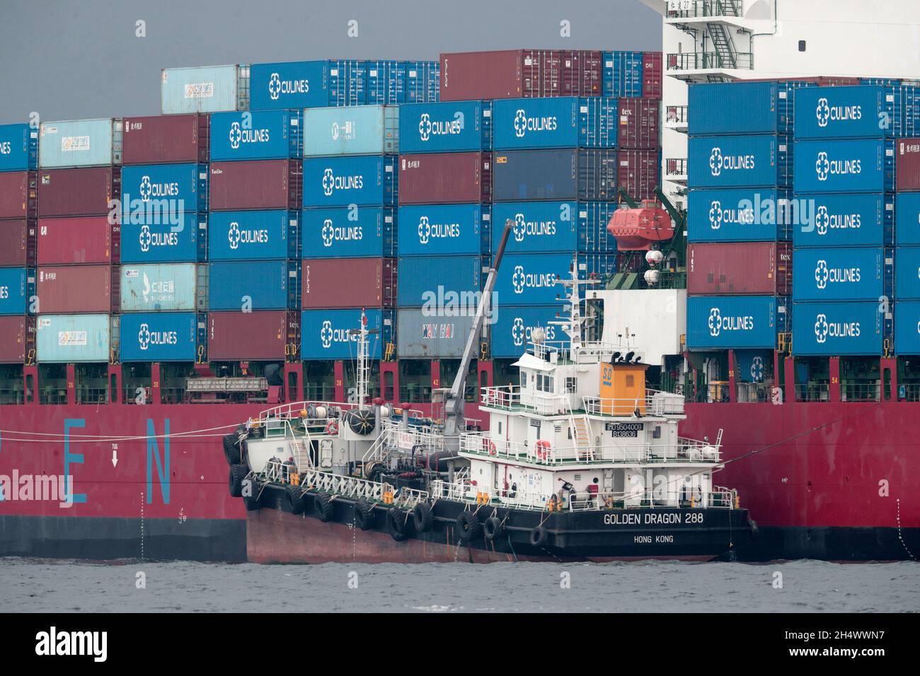 Container Ship, close-up, at anchor south of Hong Kong 17 Oct 2021 ...