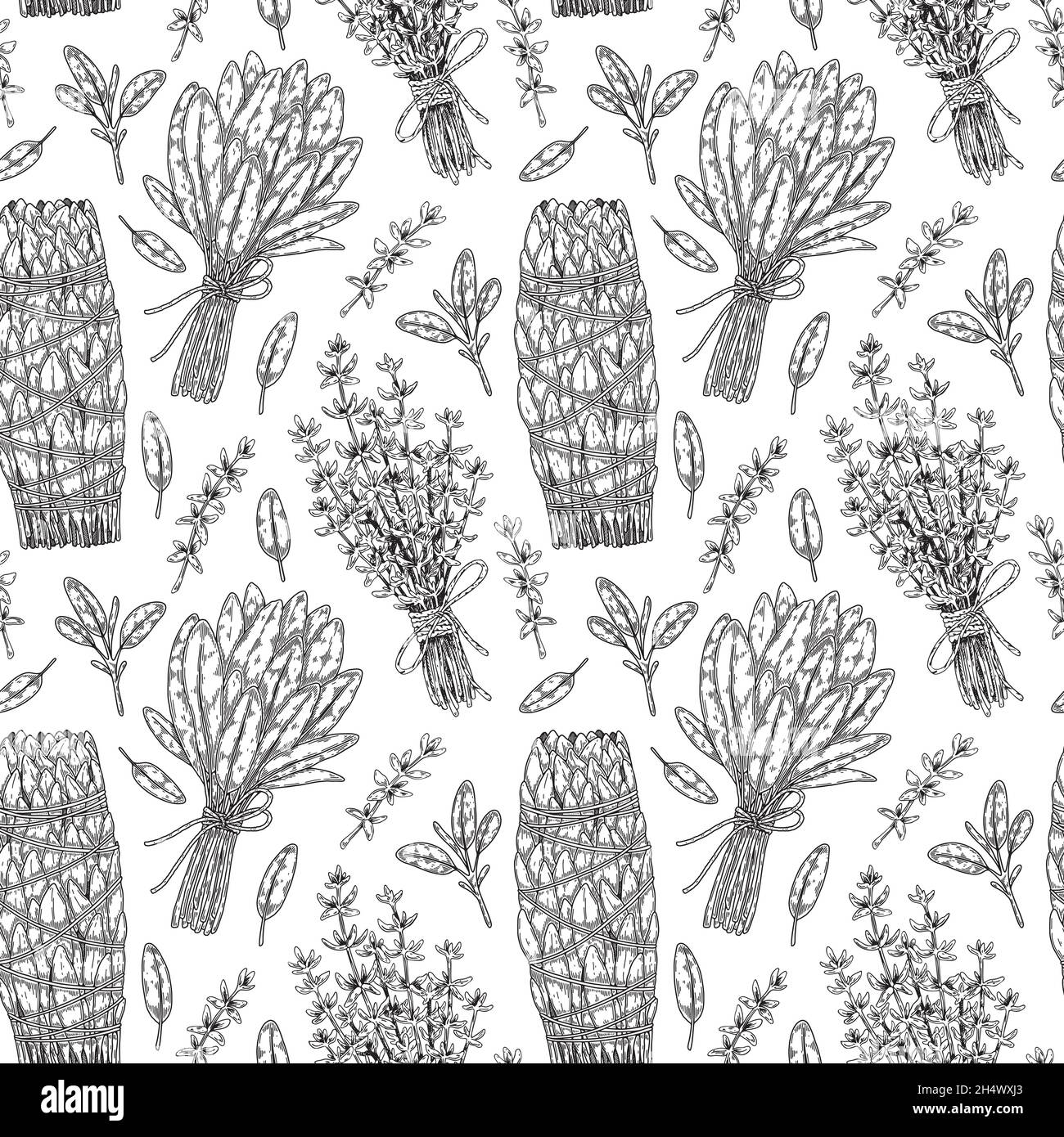 Hand drawn seamless pattern with herbal bunches. Vector illustration in ...