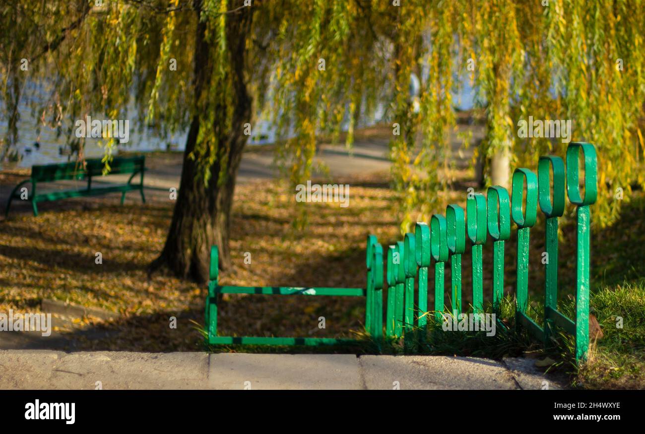 Green iron railing in focus. Steps down to the river and willow on the ...