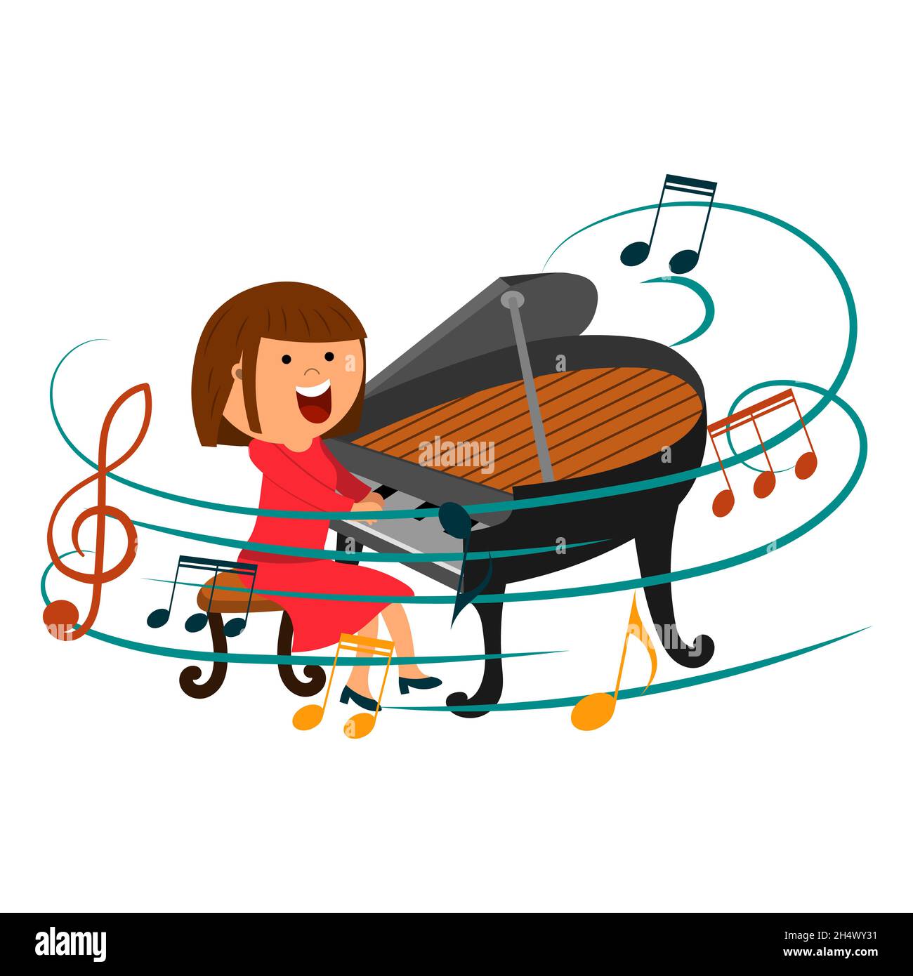 vector illustration of a cute cartoon girl playing the piano surrounded ...