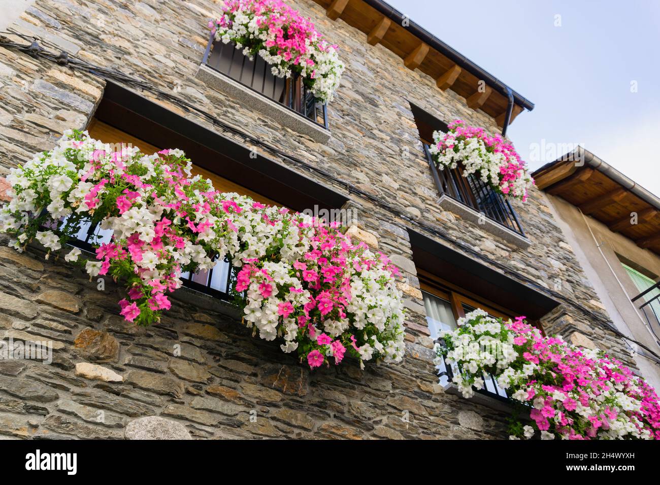 Window of a stone house with colorful hanging flowers Stock Photo - Alamy