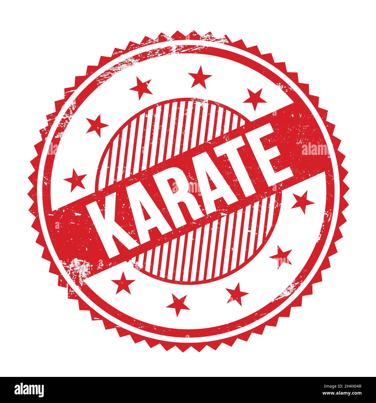 KARATE text written on red grungy zig zag borders round stamp Stock ...