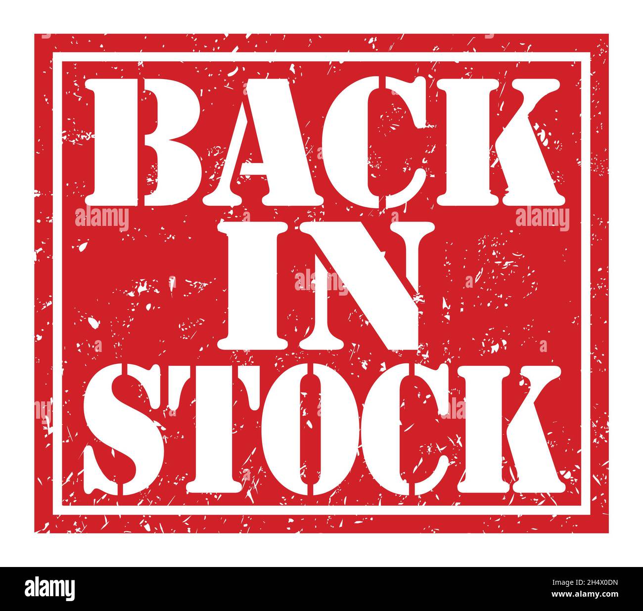 BACK IN STOCK, words written on red stamp sign Stock Photo - Alamy