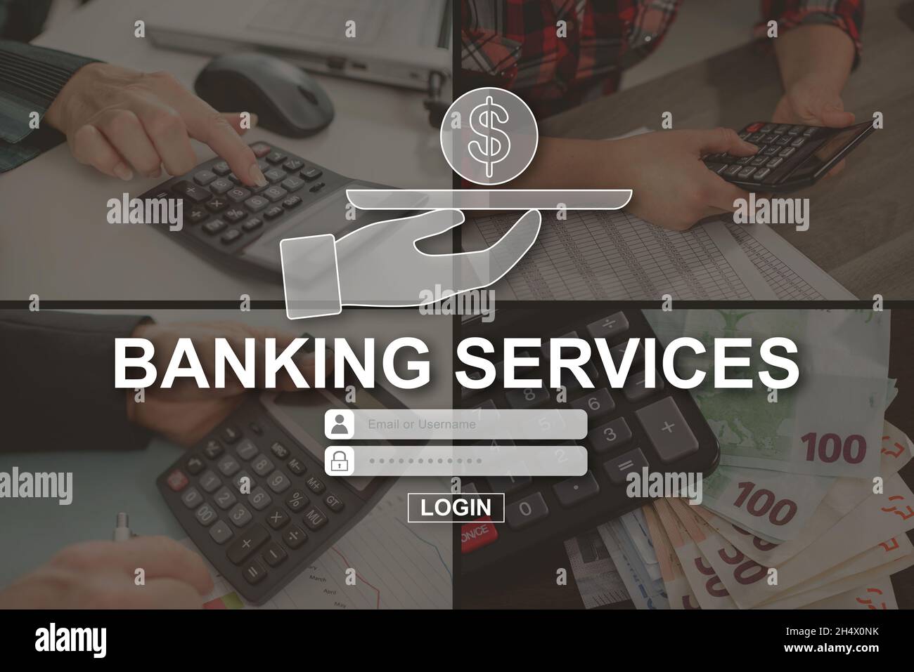 Banking services concept illustrated by pictures on background Stock ...