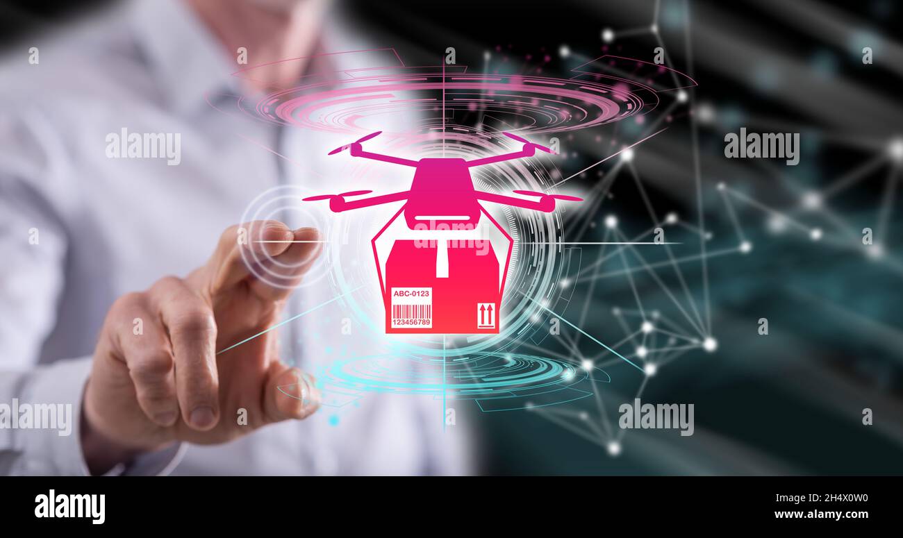 Man touching a drone delivery concept on a touch screen with his finger ...