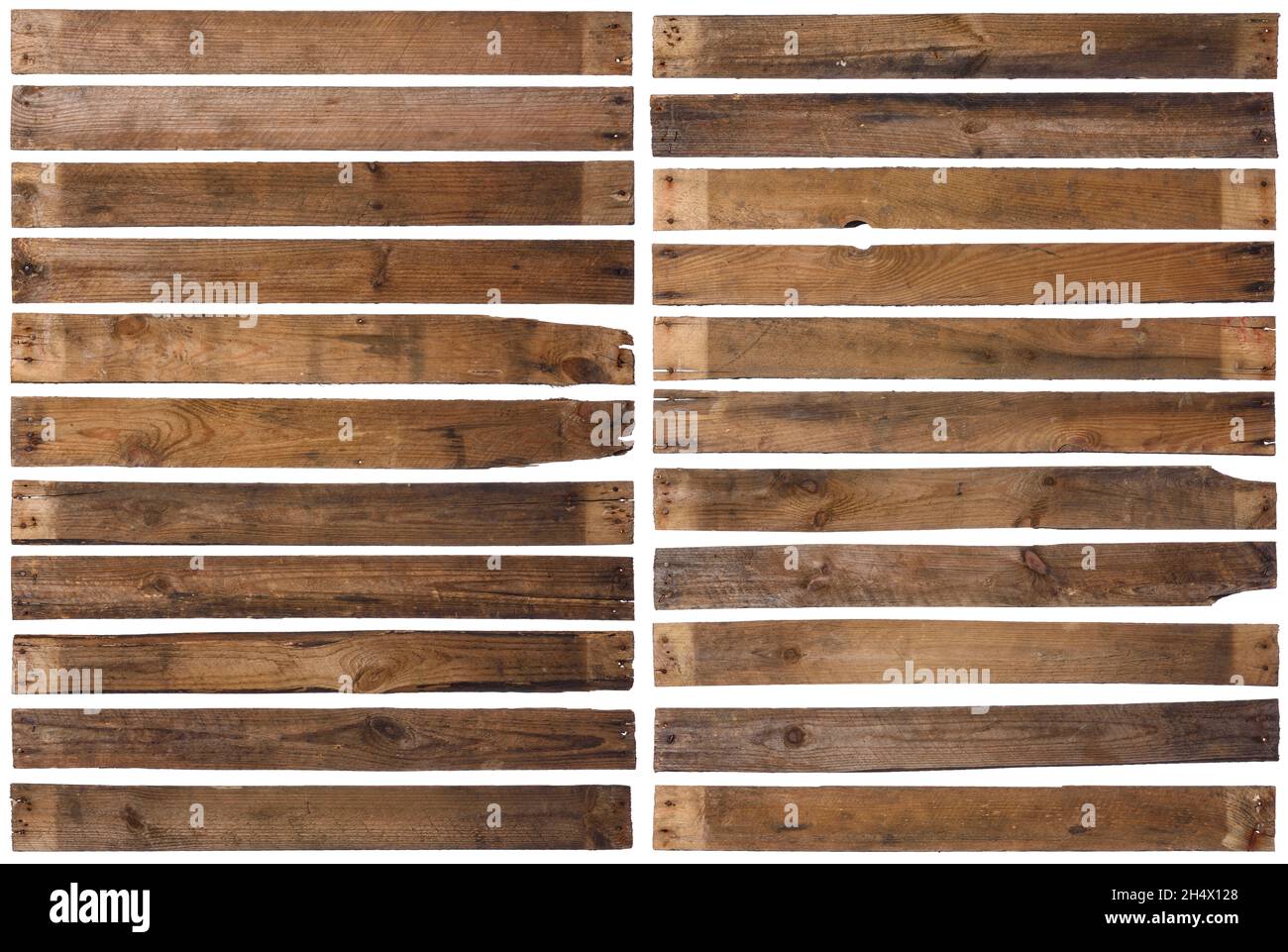 Old wooden planks isolated on white background. Set of 22 long rustic ...