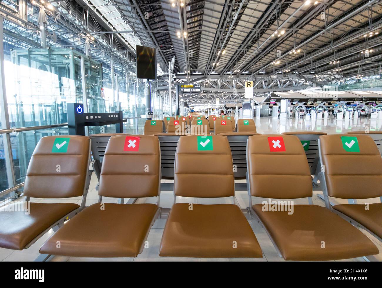 Empty seats at airport lobby due to Covid-19 travel restrictions ...