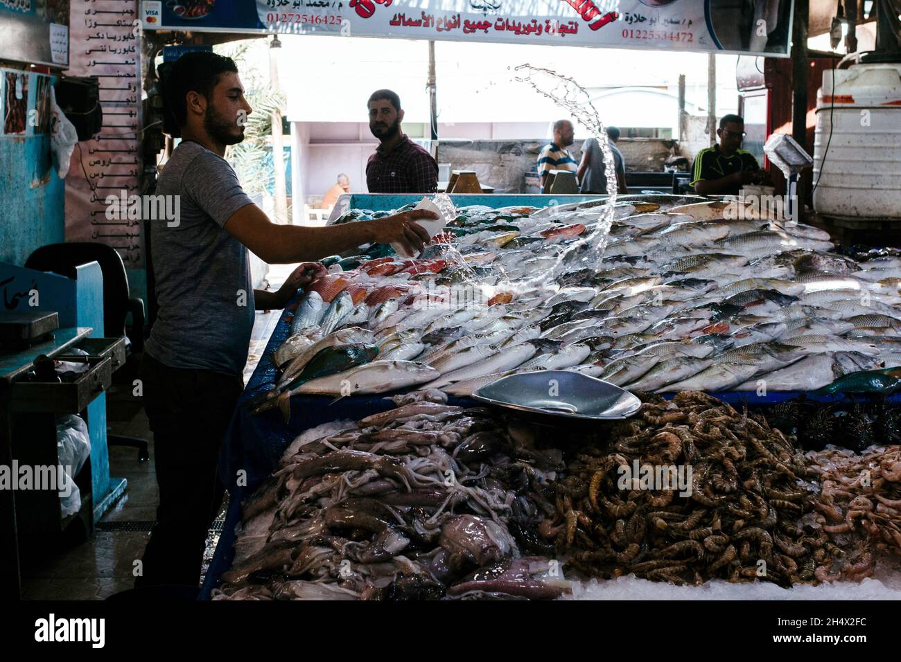 HURGHADA, EGYPT - OCTOBER 31, 2021 - A man pours water onto fish on the ...