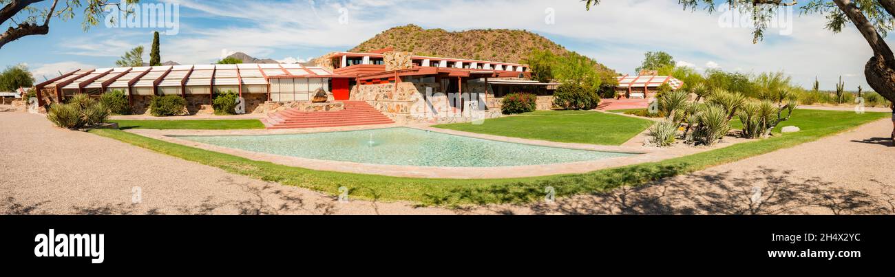 wide angle panorama of Taliesin West architect Frank Lloyd Wright's winter home and school in ...