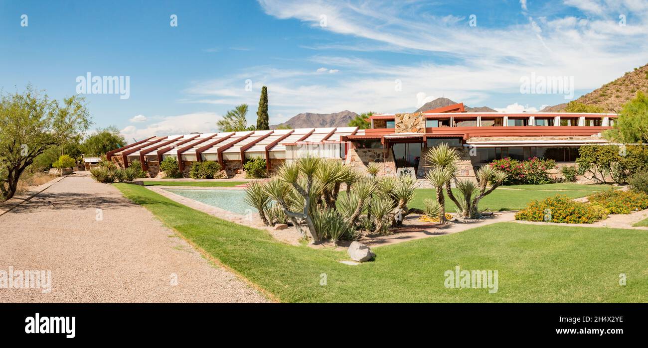 wide angle panorama of Taliesin West architect Frank Lloyd Wright's winter home and school in ...